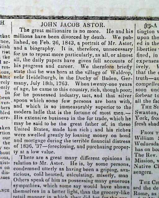 Death of John Jacob Astor... First Multimillionaire... - RareNewspapers.com