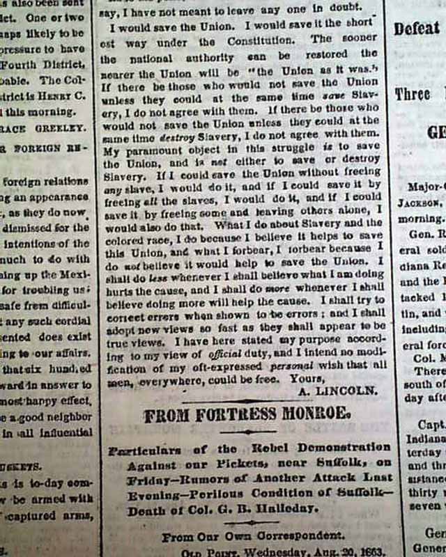 Lincoln's famous letter to Horace Greeley... - RareNewspapers.com