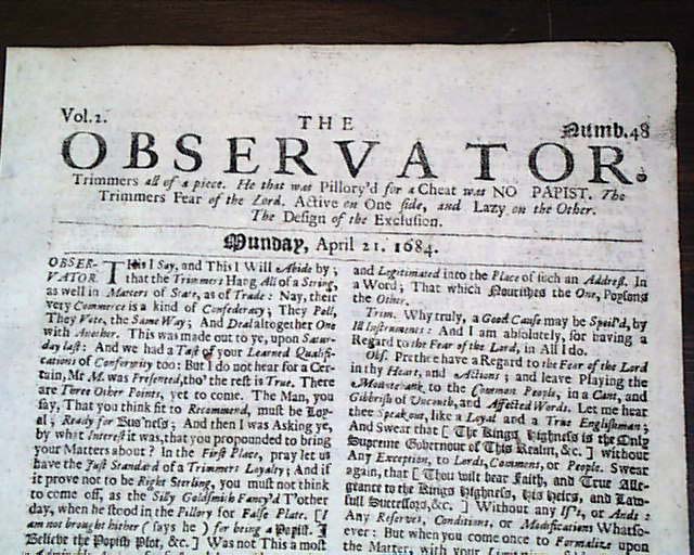 Very Early Rare 1684 OBSERVATOR Newspaper 322 Years Old ...