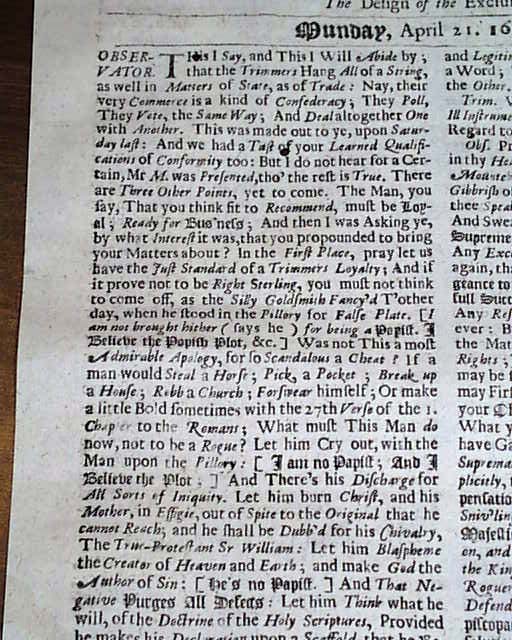 Very Early Rare 1684 OBSERVATOR Newspaper 322 Years Old ...