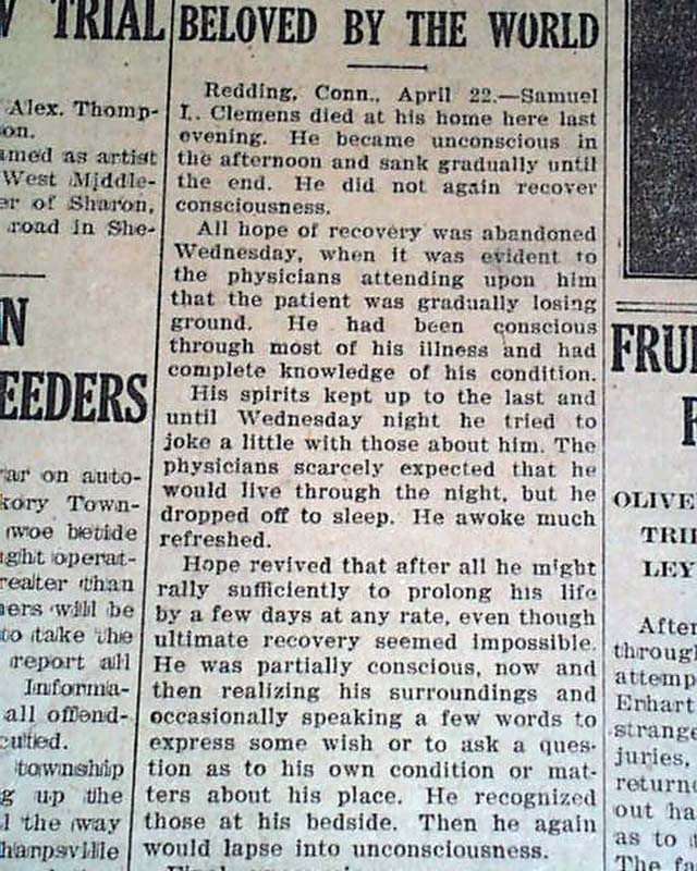 Death of famed humorist Mark Twain... - RareNewspapers.com