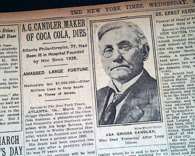 Asa Candler Coke Founder death in 1929.... - RareNewspapers.com