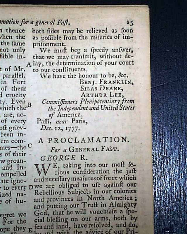 Colonel Ethan Allen... Letter signed by Ben Franklin ...