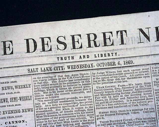 1869 Old West Newspaper From SALT LAKE CITY UT... - RareNewspapers.com