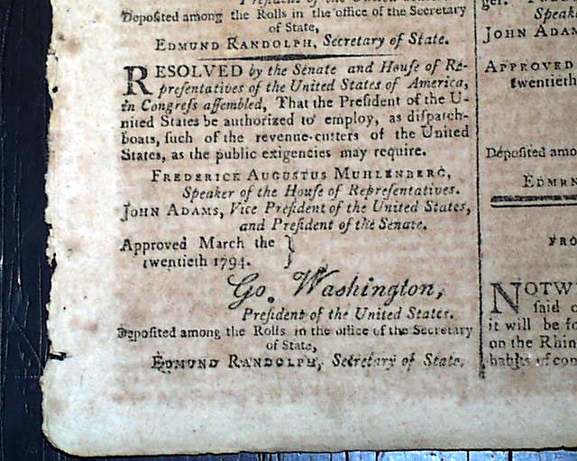 Five front page documents signed by George Washington ...