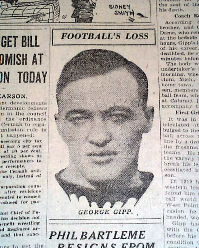 1920 George Gipp 'The Gipper' death.... - RareNewspapers.com