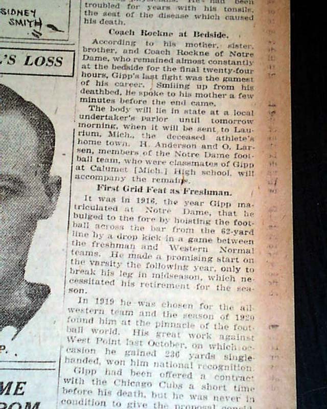 1920 George Gipp 'The Gipper' death.... - RareNewspapers.com