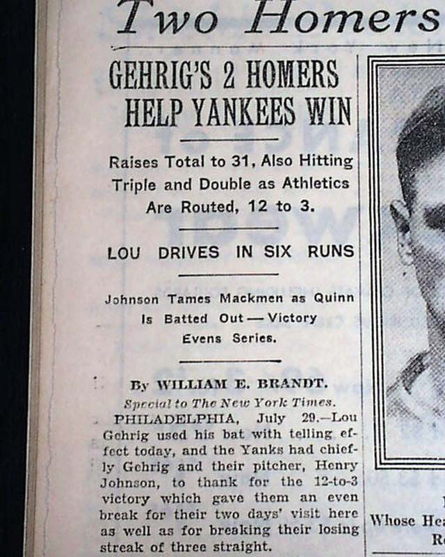 Lou Gehrig 2 home runs w/ photo... - RareNewspapers.com