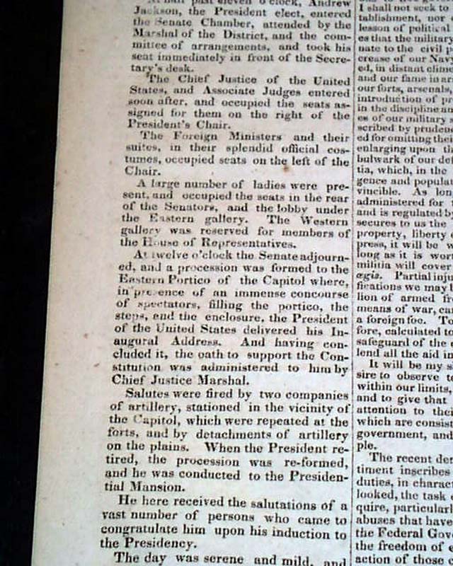 Inaugural Address of President Andrew Jackson... - RareNewspapers.com