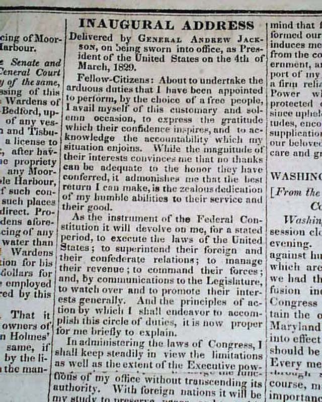 Inaugural Address of President Andrew Jackson... - RareNewspapers.com