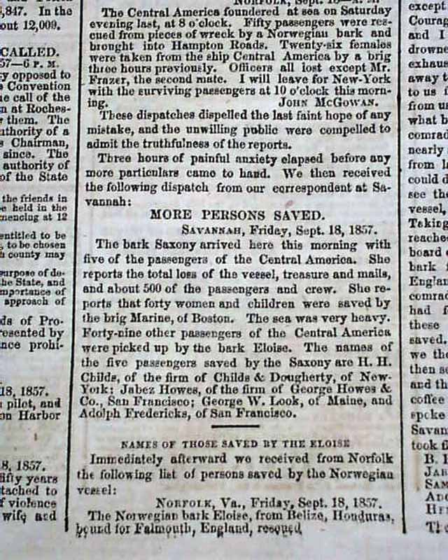 Sinking of the steamship "Central America"... - RareNewspapers.com