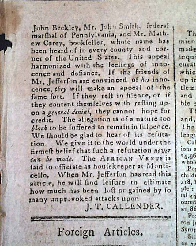 Sally Hemings and Thomas Jefferson... Callender's accusation ...