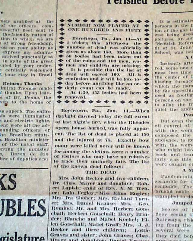 1908 Rhoads Opera House Fire... Boyertown PA... - RareNewspapers.com