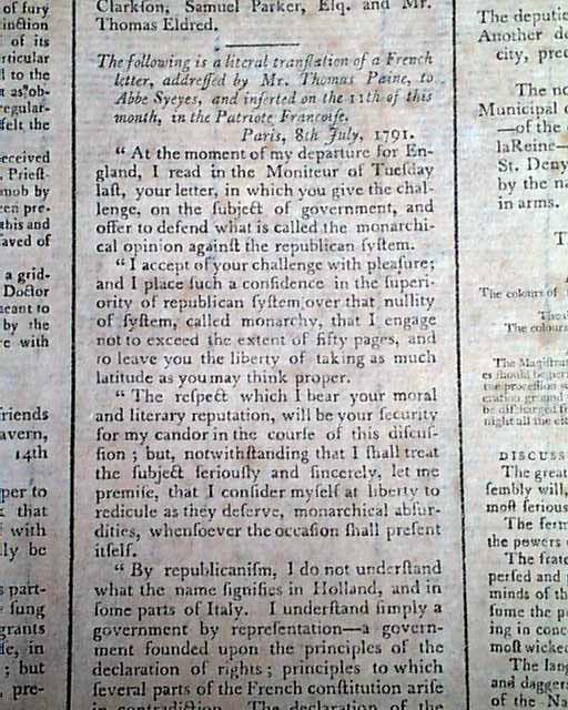 Thomas Paine letter... Benjamin Gomez... - RareNewspapers.com