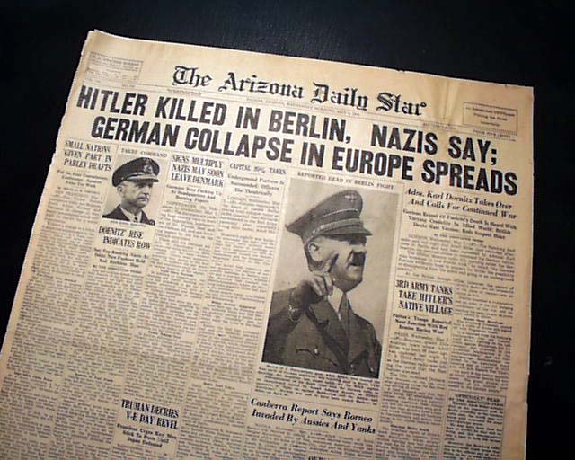 Displayable Hitler death front page... - RareNewspapers.com