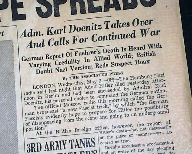 Displayable Hitler death front page... - RareNewspapers.com