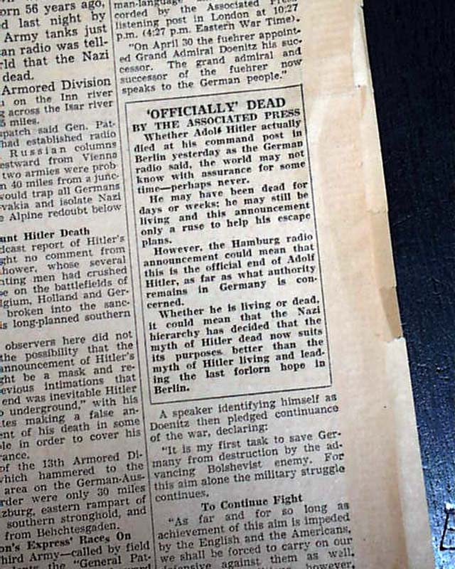 Displayable Hitler death front page... - RareNewspapers.com