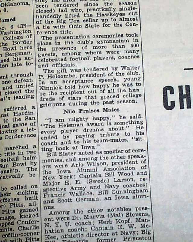 Nile Kinnick wins 1939 Heisman Trophy... - RareNewspapers.com