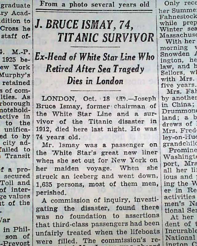 J. Bruce Ismay death... Titanic sinking fame.... - RareNewspapers.com