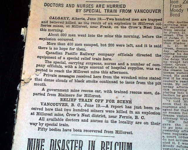 1914 Hillcrest mine disaster... Worst in Canadian history ...