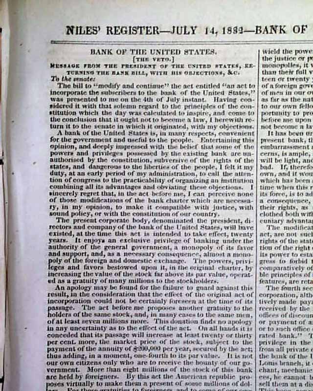 Andrew Jackson vetoes the re-charter of the Bank of the United States ...