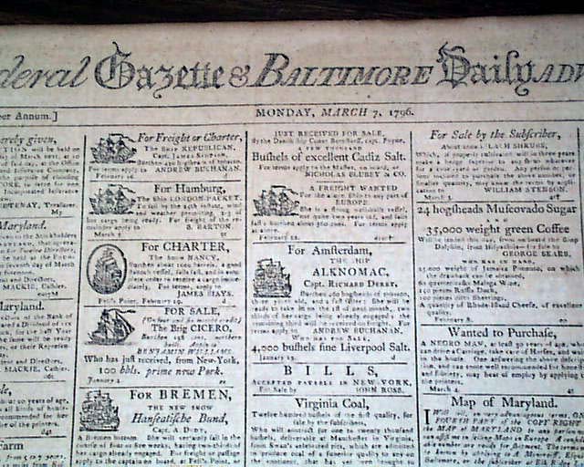 1796 Baltimore MD Ship Ads... - RareNewspapers.com