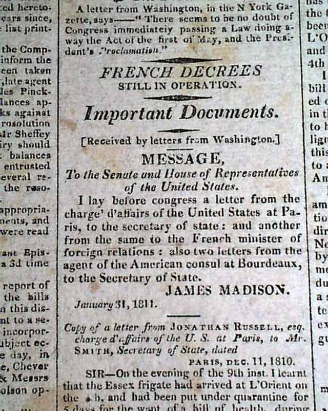 French Decrees - 1811 James Monroe... - RareNewspapers.com