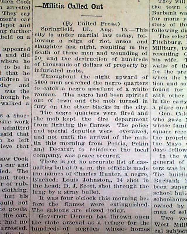 Springfield, Illinois race riots.... Negro lynched... - RareNewspapers.com
