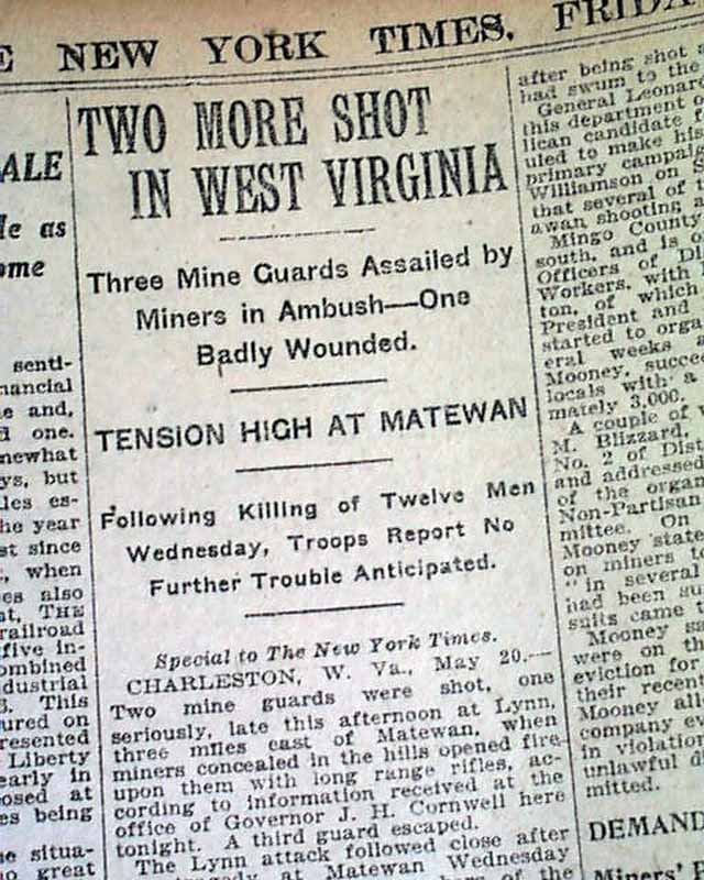 Battle of Matewan in 1920.... Sid Hatfield fame... - RareNewspapers.com