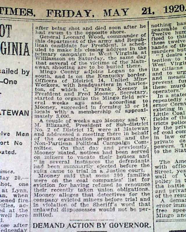 Battle of Matewan in 1920.... Sid Hatfield fame... - RareNewspapers.com