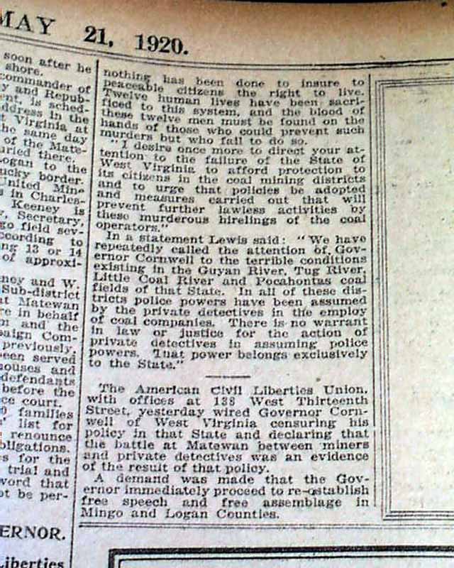 Battle of Matewan in 1920.... Sid Hatfield fame... - RareNewspapers.com