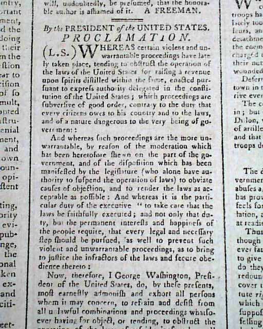 Washington's Proclamation a prelude to the Whiskey Rebellion ...