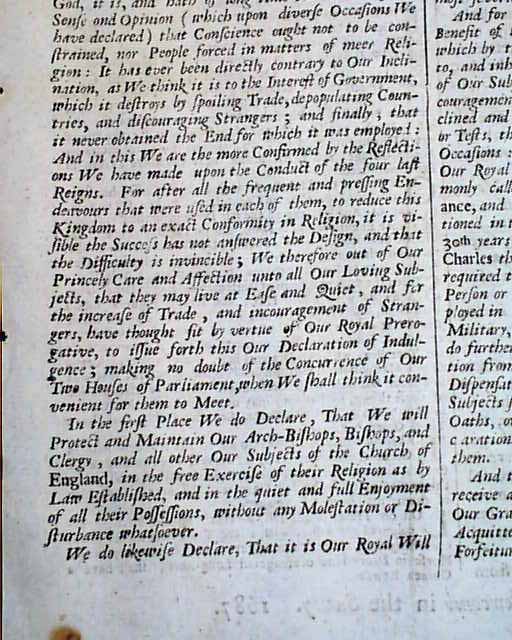 Declaration of Indulgence by the King of England... - RareNewspapers.com