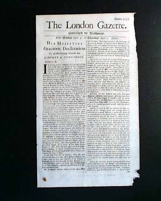 Declaration of Indulgence by the King of England... - RareNewspapers.com