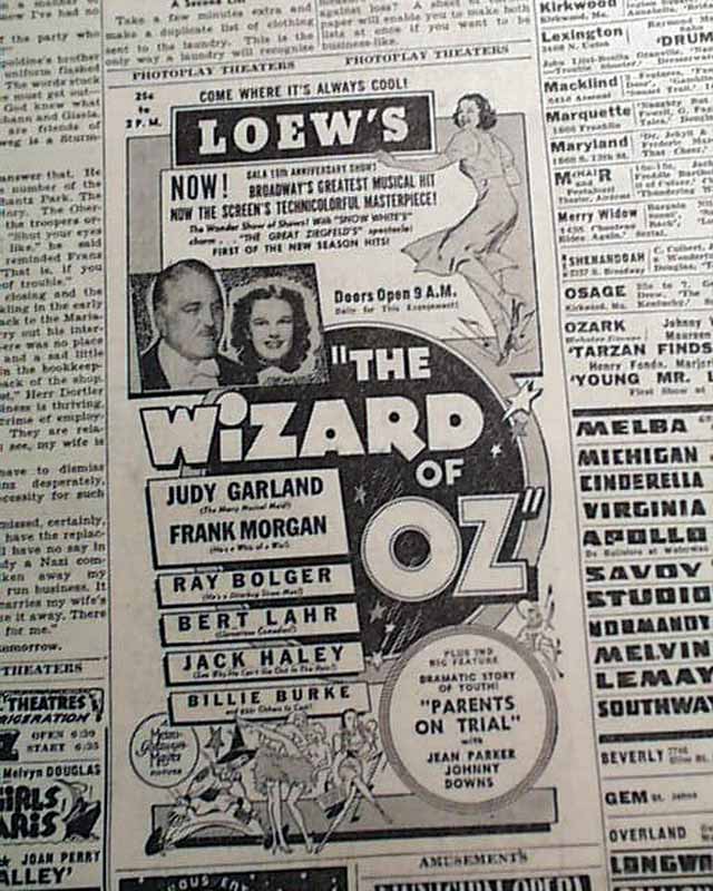 Wizard of Oz debut... opening day... - RareNewspapers.com