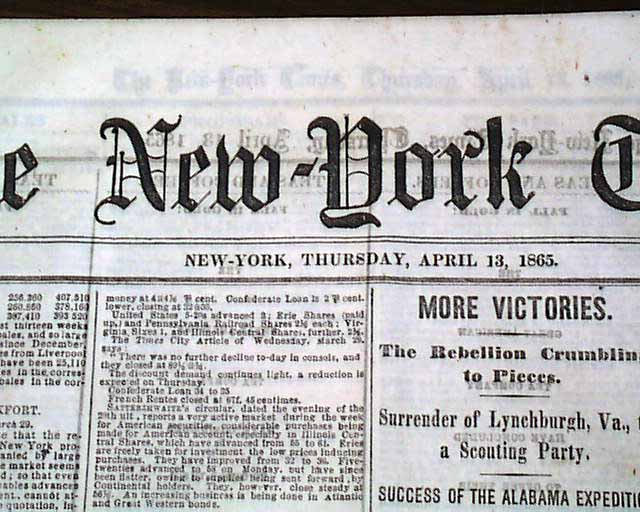 1865 End Of Civil War Newwspaper.... - RareNewspapers.com