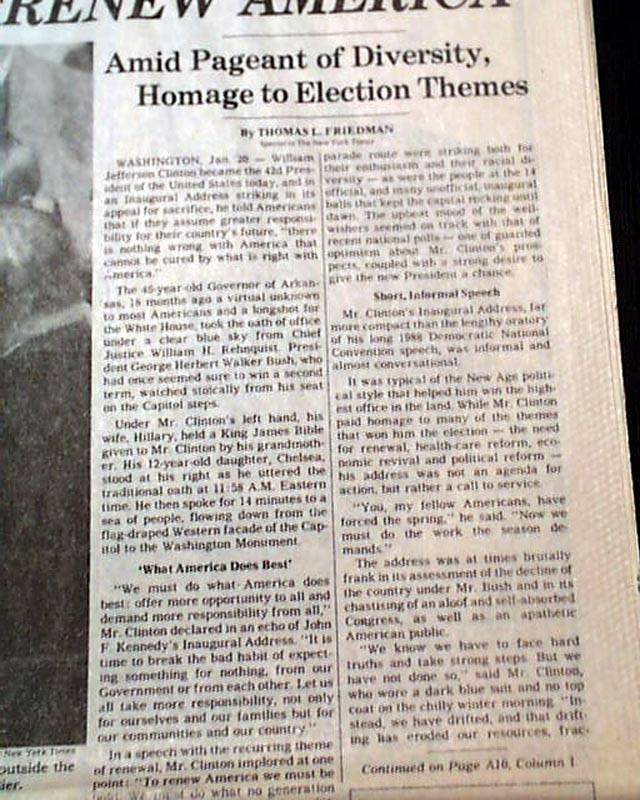 Clinton is sworn into office... first term - RareNewspapers.com