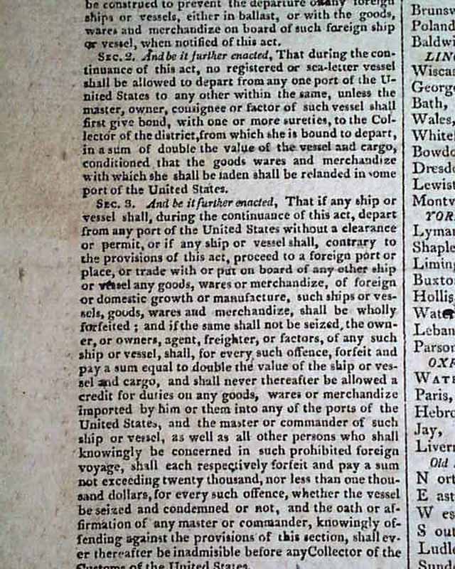 1812 James Madison Embargo Act... - RareNewspapers.com