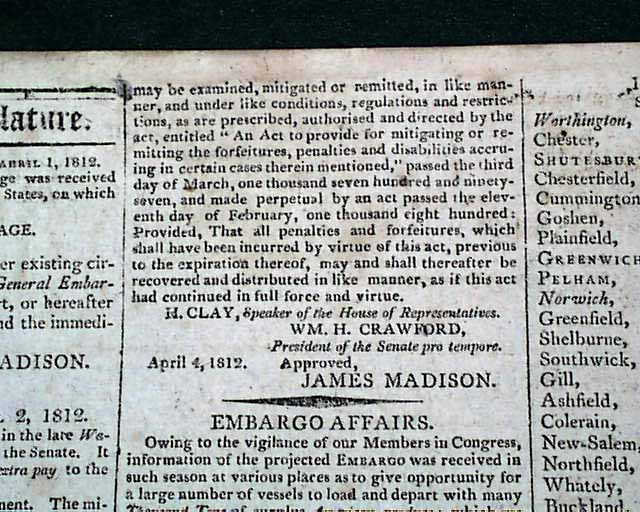 1812 James Madison Embargo Act... - RareNewspapers.com