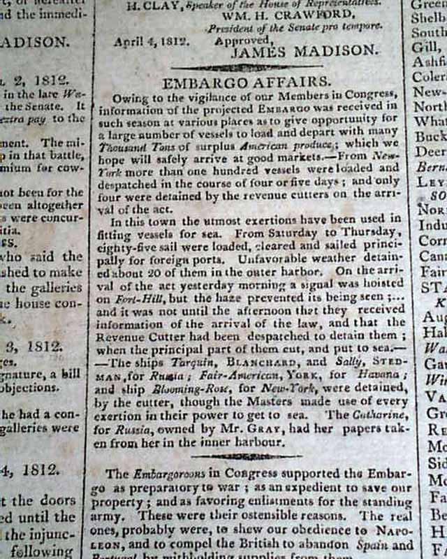 1812 James Madison Embargo Act... - RareNewspapers.com