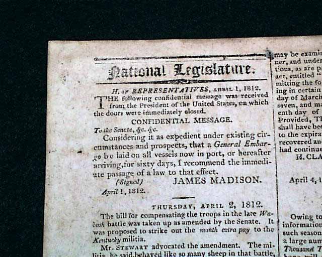 1812 James Madison Embargo Act... - RareNewspapers.com