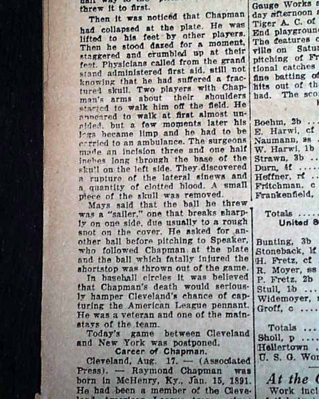 Ray Chapman skull fractured death... - RareNewspapers.com