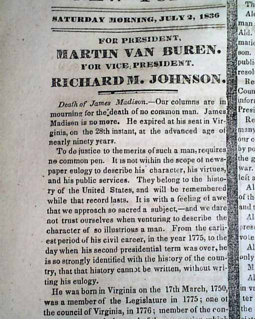 James Madison death in 1836.... - RareNewspapers.com