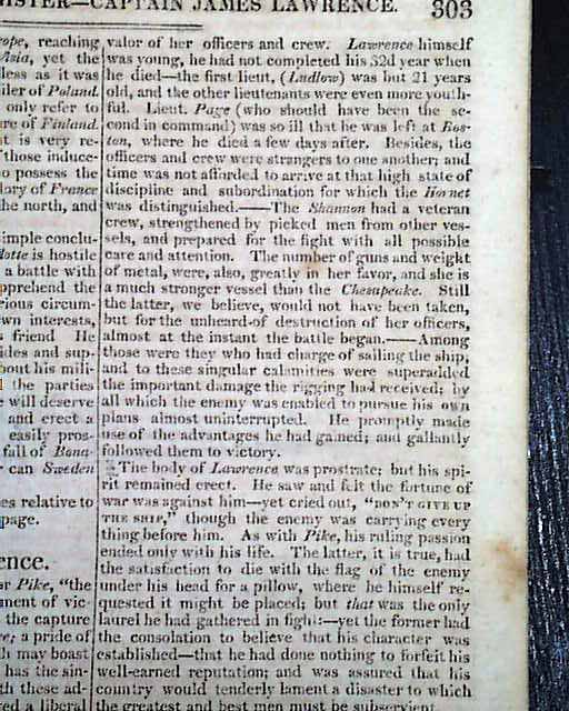 Captain James Lawrence: 'Don't give up the ship!'... - RareNewspapers.com