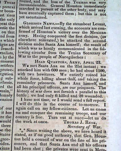 Capture Of Santa Anna & San Jacinto In 1836.... - RareNewspapers.com