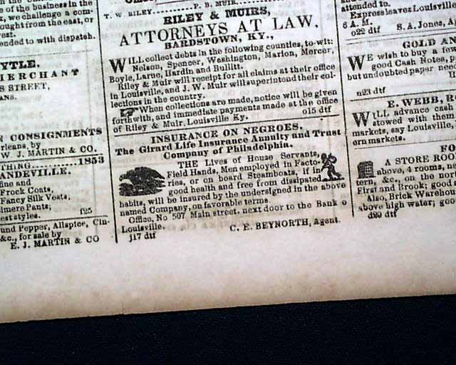 1853 LOUISVILLE KY Newspaper Pre Civil War SLAVE ADS ...