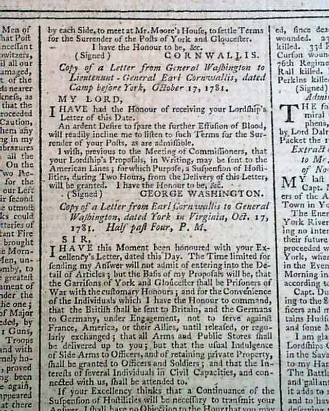 Cornwallis surrenders at Yorktown, reported on the front page ...