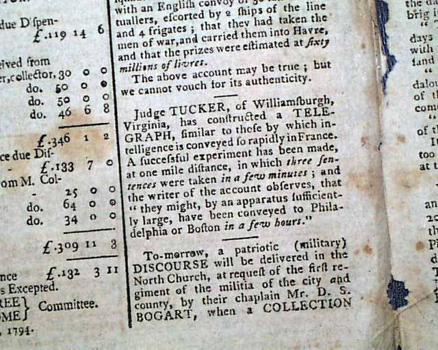 Front page runaway notices in 1792.. early telegraph ...