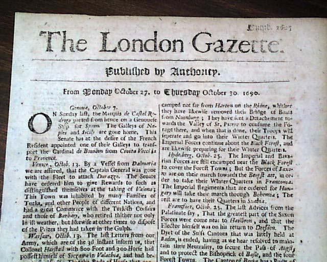 Early RARE 1690 Newspaper GAZETTE With Folder - LONDON GAZETTE - 314 ...