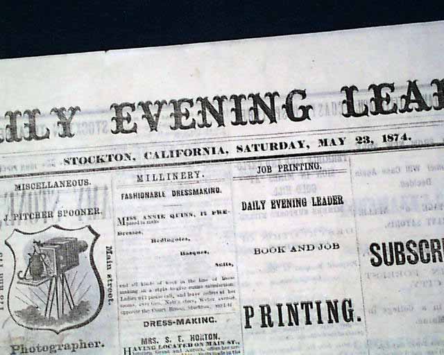 1874 Old West Newspaper From Stockton CA...... - RareNewspapers.com